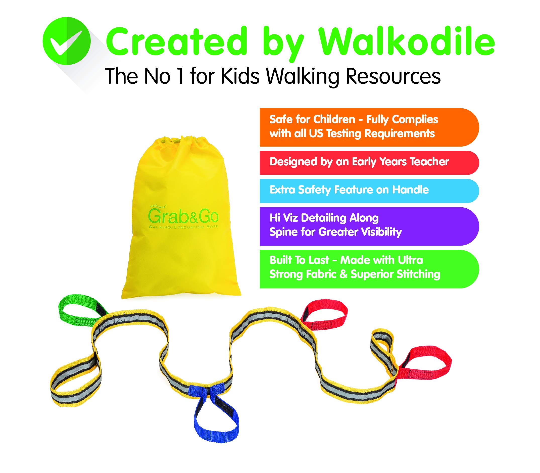 Childrens Walking Rope (4 Child) - Premium Quality, Teacher Designed, Extra Safety Feature on Handles. Hi Viz Detail for Best Visibility. Includes Free Learning Games for Walks Guide
