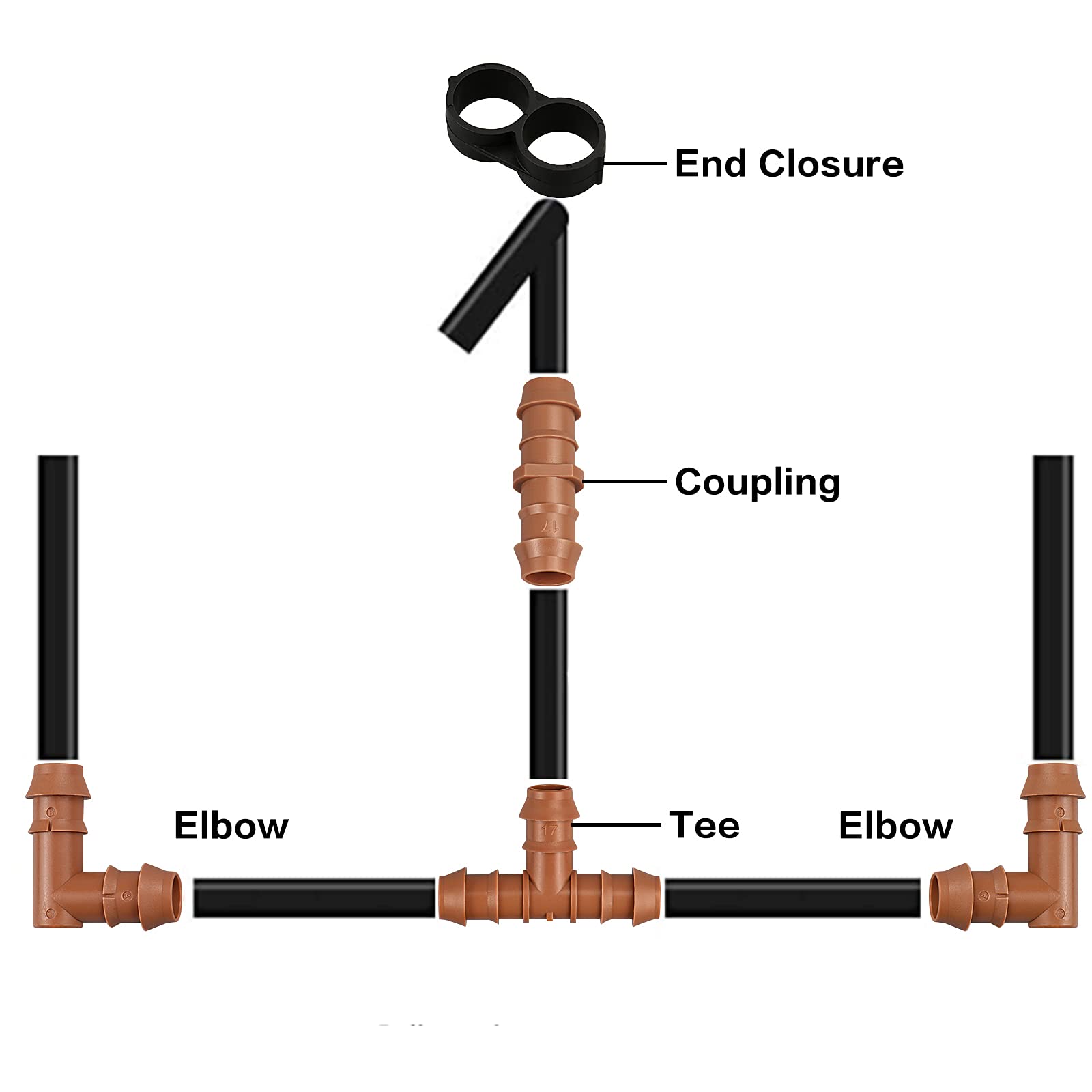 JOYPRO Drip Irrigation Fittings Kit for 1/2 inch Tube (0.600”ID), 24 Pieces Drip Irrigation Parts Set - 6 Tees, 6 Couplings, 6 Elbows, 6 End Caps, Drip Line Connectors for Drip Sprinkler Hose