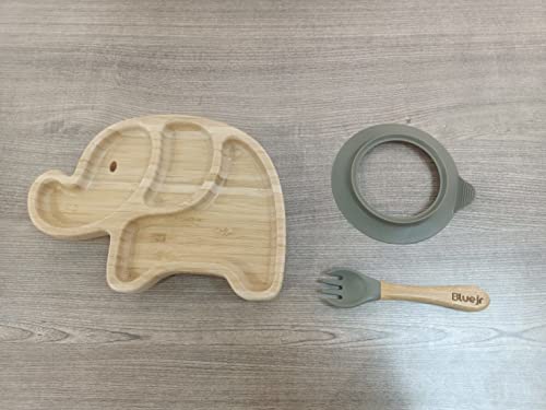 Bluejr Elephant-Shaped Bamboo Plate & Fork Set - Fun & Secure Dining for Toddlers, Babies - Silicone Suction, Three-Compartment Wooden Kids Plate, Eco-Friendly Animal-Shaped Dish Set