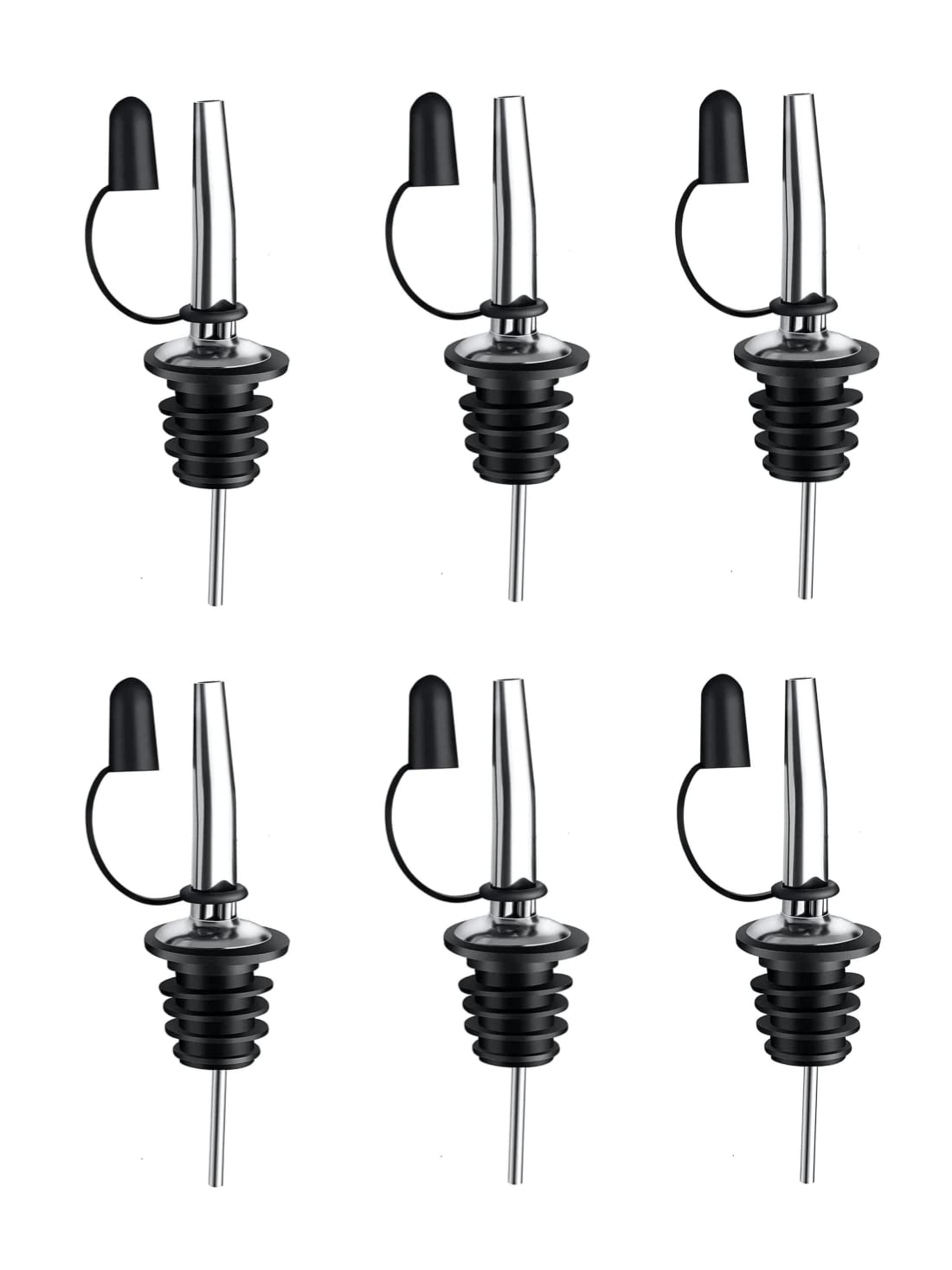 6 Pack Speed Pourers Spouts with Tapered, Liquor Pourers with Rubber Cap, Stainless Steel, Hygienic, Dishwasher Safe, Fits most Classic Bottle's Lip up to 3/4"