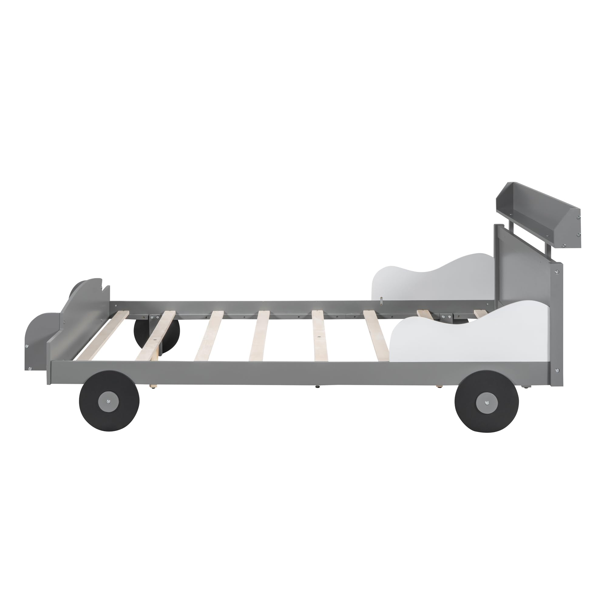 Race Car Bed Full Size, Wooden Low Bed Frame with Storage Headboard and Footboard, Playhouse Bed for Kids, Boys Girls, Gray