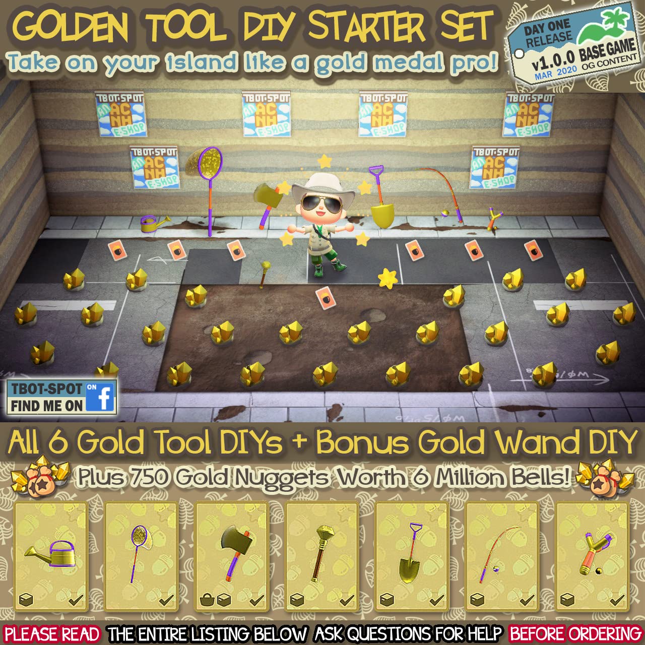 ACNH: Golden Tools Starter Set | All 7 Golden Tools & DIYs | 7.5 Million Bells in Gold Nuggets | 1.0 Base Game Content