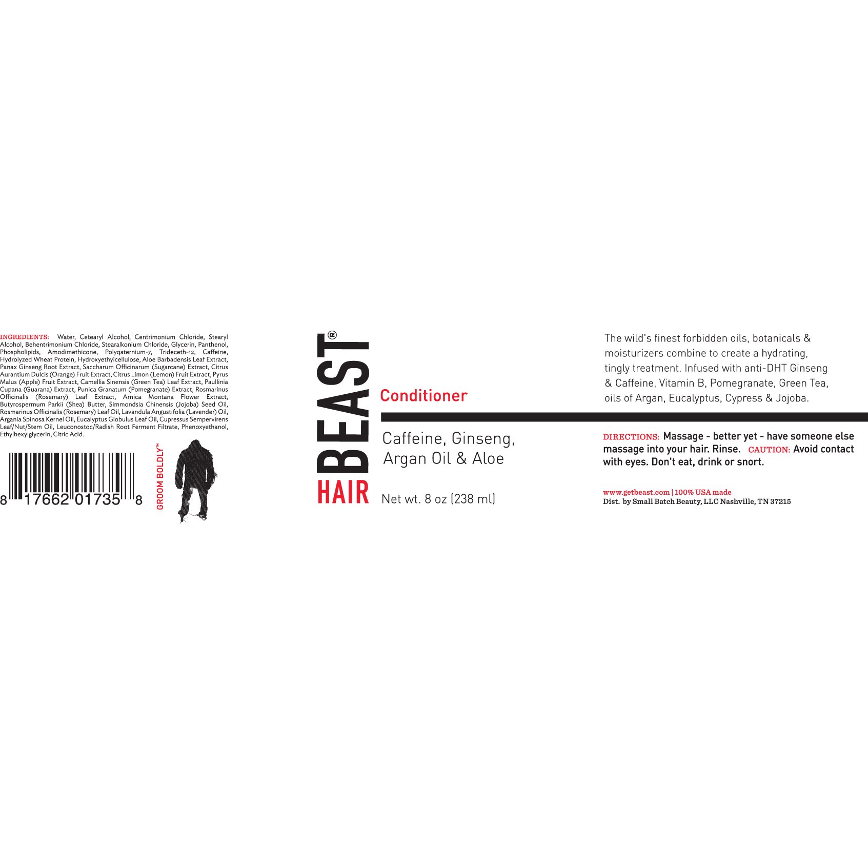 Beast Caffeine Conditioner for Thinning Hair - Ginseng, Argan Oil, Vitamin B, Green Tea, Eucalyptus Pomegranate Oils, Aloe - Sulfate Free Moisturizing Unisex DHT Blocking Hair Loss Dry Scalp 8 oz