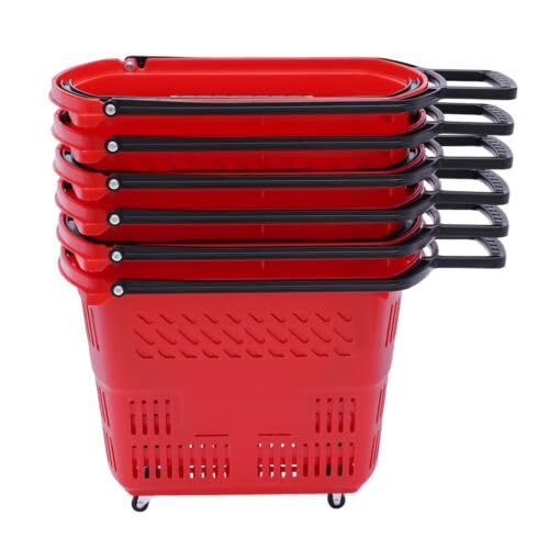 Bacacoo Plastic Shopping Carts, 6 Trolley Rolling Shopping Baskets, 35l Shopping Trolley With Handles, Portable Shopping Basket Set In Supermarkets And Retail Stores (Red)