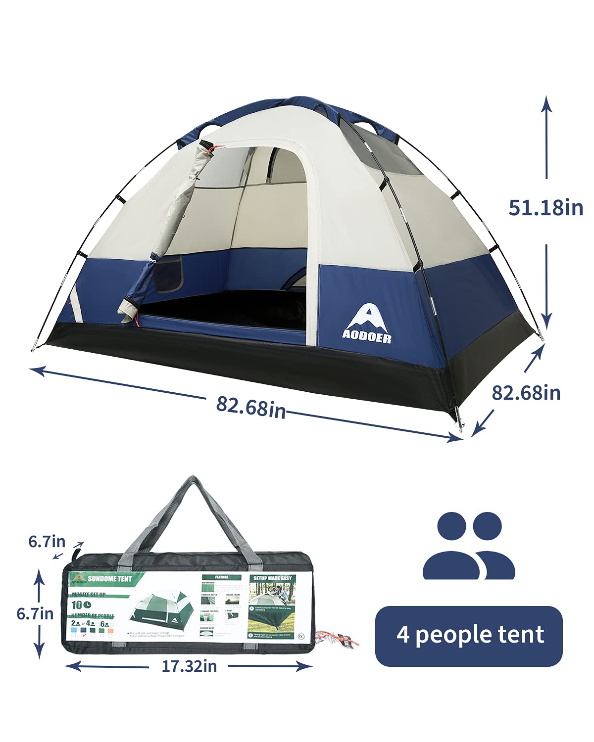 4 Person Tent with Removable Rain Fly, Waterproof Camping Tents Easy Setup, 3 Mesh Windows with Double Layer for Camp Backpacking Hiking Outdoor for 4 Seasons(Navy)