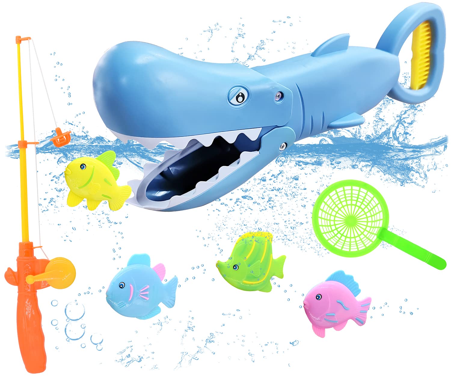 Bath Toys , Shark Grabber Bathub Baby Toy Magnetic Fishing Games Playing Set , Floating Fish Toys in Bathtub Bathroom Pool for Babies Toddlers and Kids Age 3+ (Light Blue)
