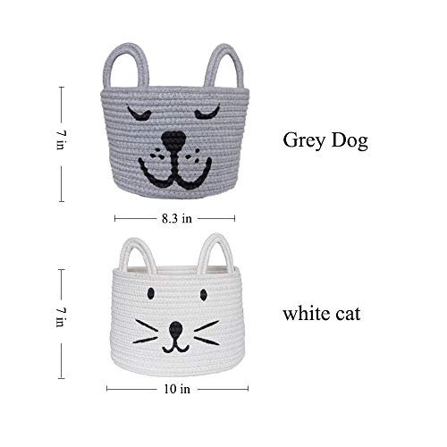 Small Woven Cotton Rope Storage Basket,2 Pack Cute Cotton Rope Baskets with handle,Baby Nursery Organizer for Toy Storage Bin | Pet Gift Basket for Cat,Dog,10 x 10 x 7 Inch