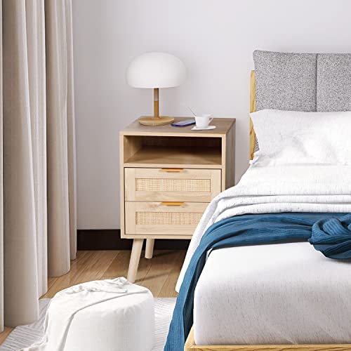 AILEEKISS Rattan Nightstands Set of 2 with Wireless Charging Station Modern Bedside Tables with Solid Wood Feet Night Stands Set of 2 with Drawers and Open Storage Shelf for Bedroom (Natural 2 Sets)