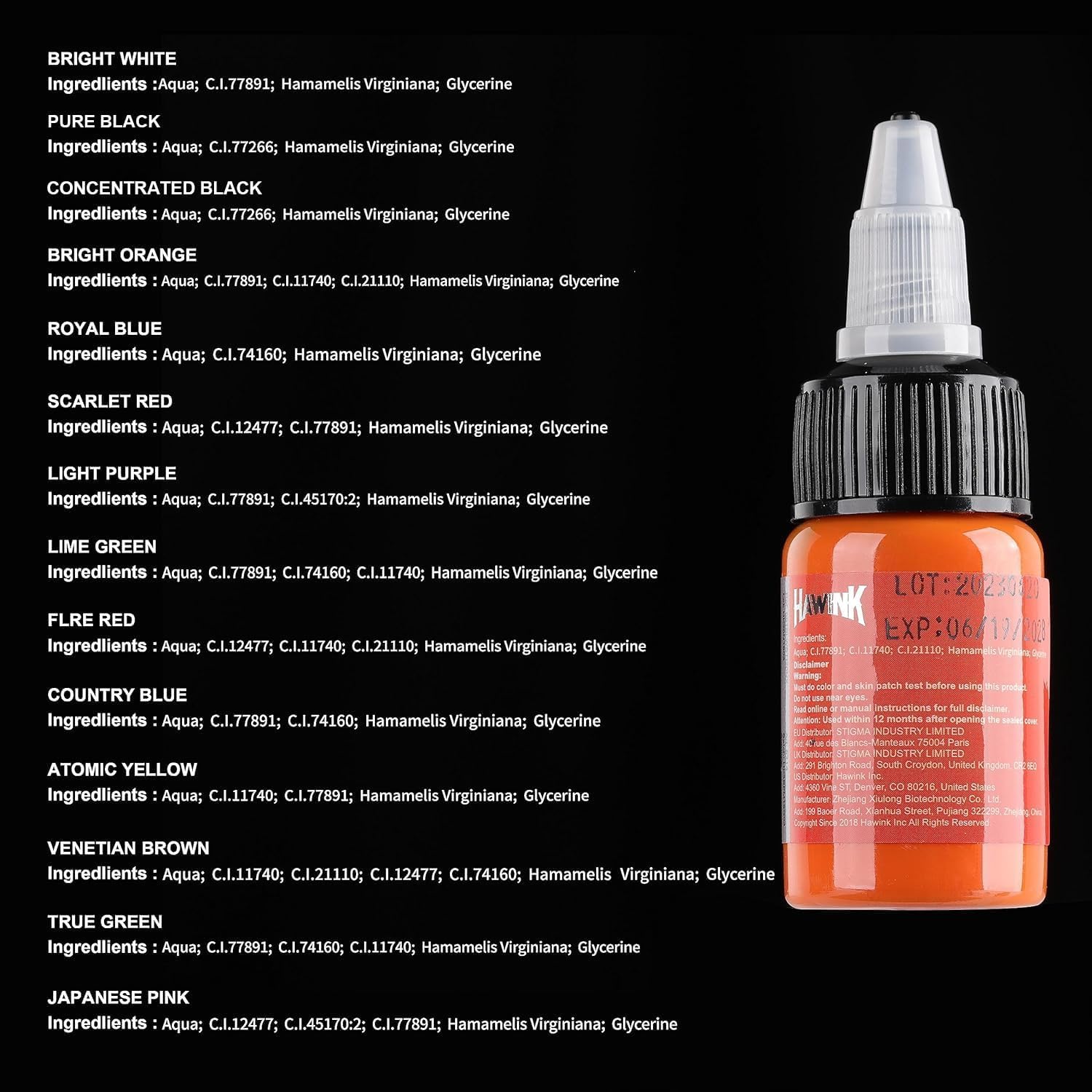 Hawink Tattoo Ink Set 1/2 oz (15ml) Tattoo Supply 14 Colors Pigment Kit Ink USA TI203-15-14