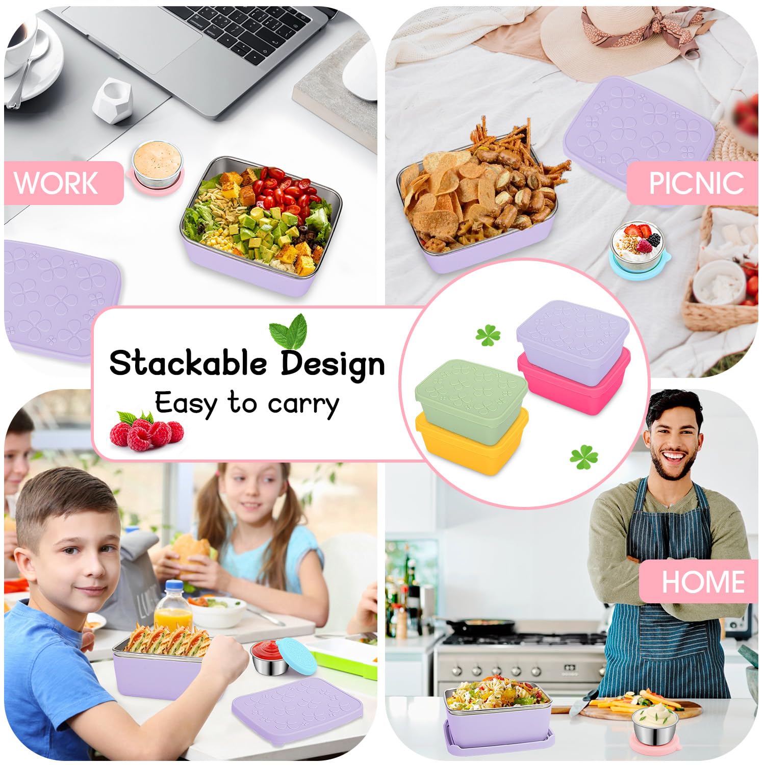 3PACK Stainless Steel Snack Containers Set,18.5OZ Metal Food Storage Container Leak Proof Snack Lunch Box with Silicone Lids [Full Protective Cover],Small Bento Boxes with 2x1.6OZ Sauce Cup-Green