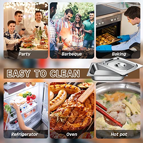 Baderke Stainless Steam Hotel Pans with Lids, 0.7 mm Thick 304 Stainless Steel Hotel Pan Anti Clogging Steam Table Pan for Food Warmer Cooking Heat, Multi Size (4 Pack, 1/2 Half Size x 2.5 Inch Deep)