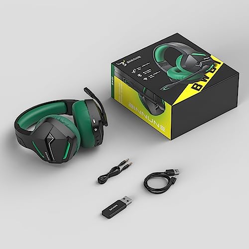 BINNUNE Wireless Gaming Headset with Microphone for PC PS5 PS4, 2.4GHz Low Latency, Bluetooth 5.0 USB Gamer Headphones with Mic for Laptop Computer