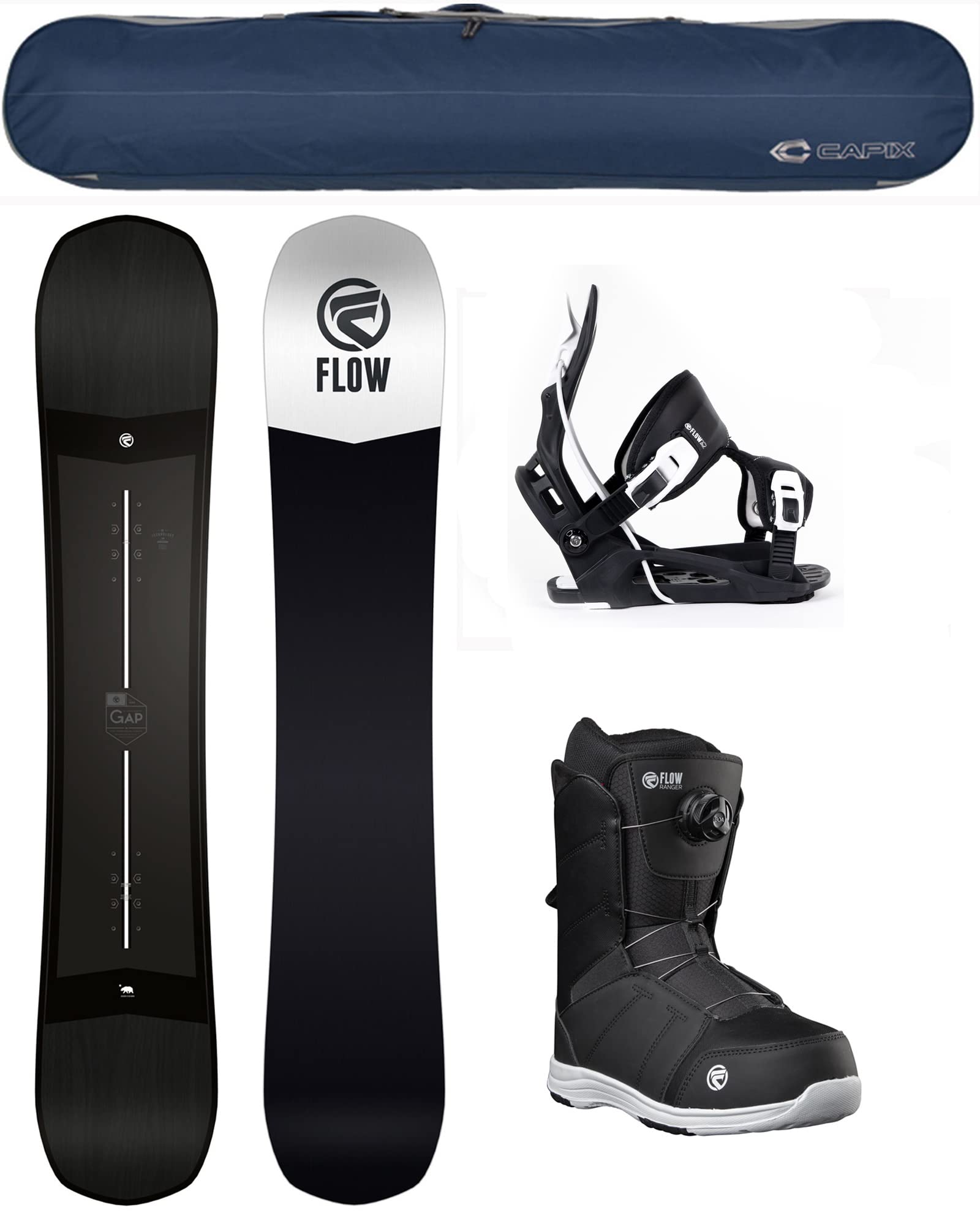 2021 FLOW Men's Gap Snowboard Package Black Alpha Bindings DC Boots+Bag (156 cm Snowboard, Boot Size 10)