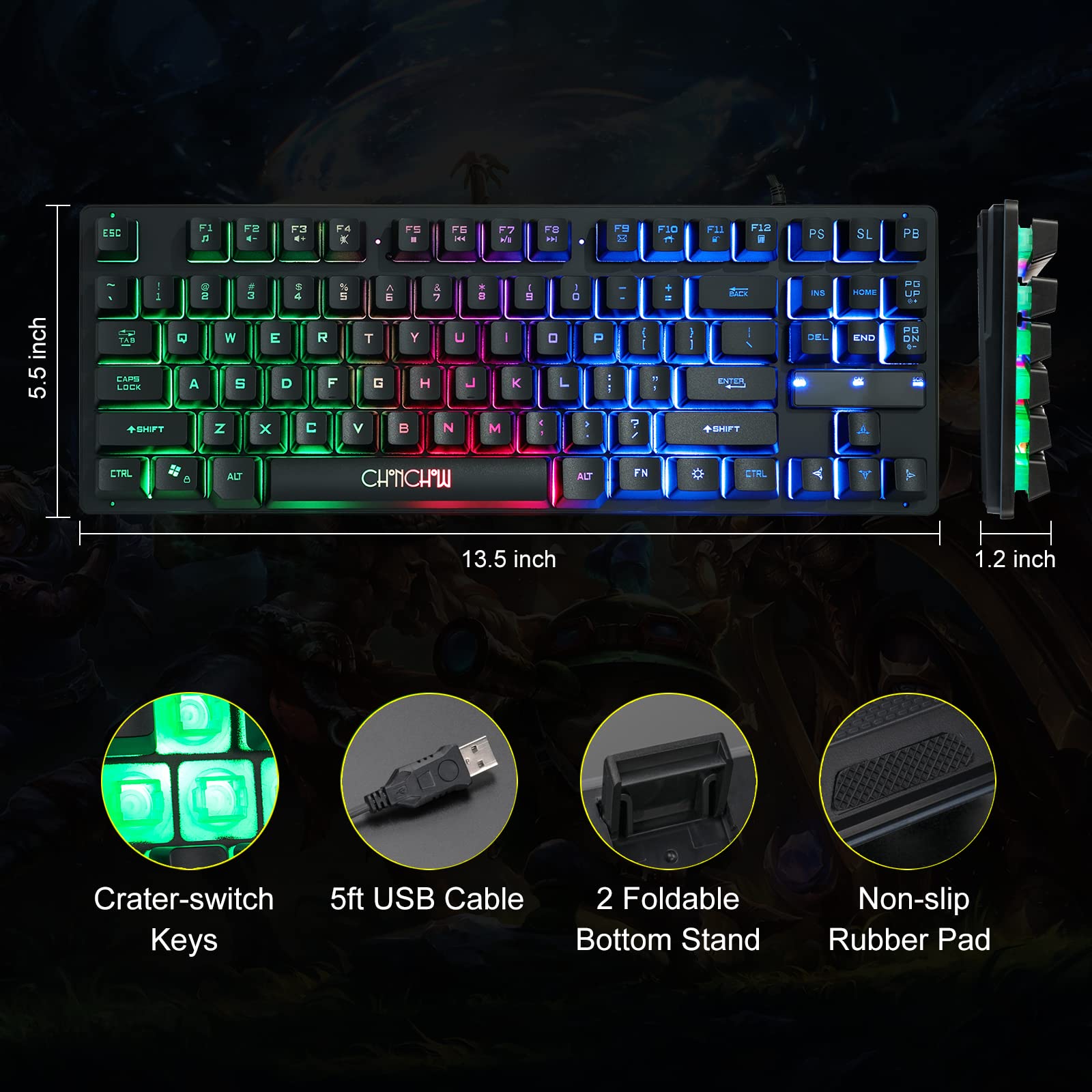 CHONCHOW White Rainbow LED , USB Wired Small Compact White Gaming Keyboard with Rainbow Backlight, 87-Key Mechanical Feeling for PC Laptop Xbox PS4 PS5