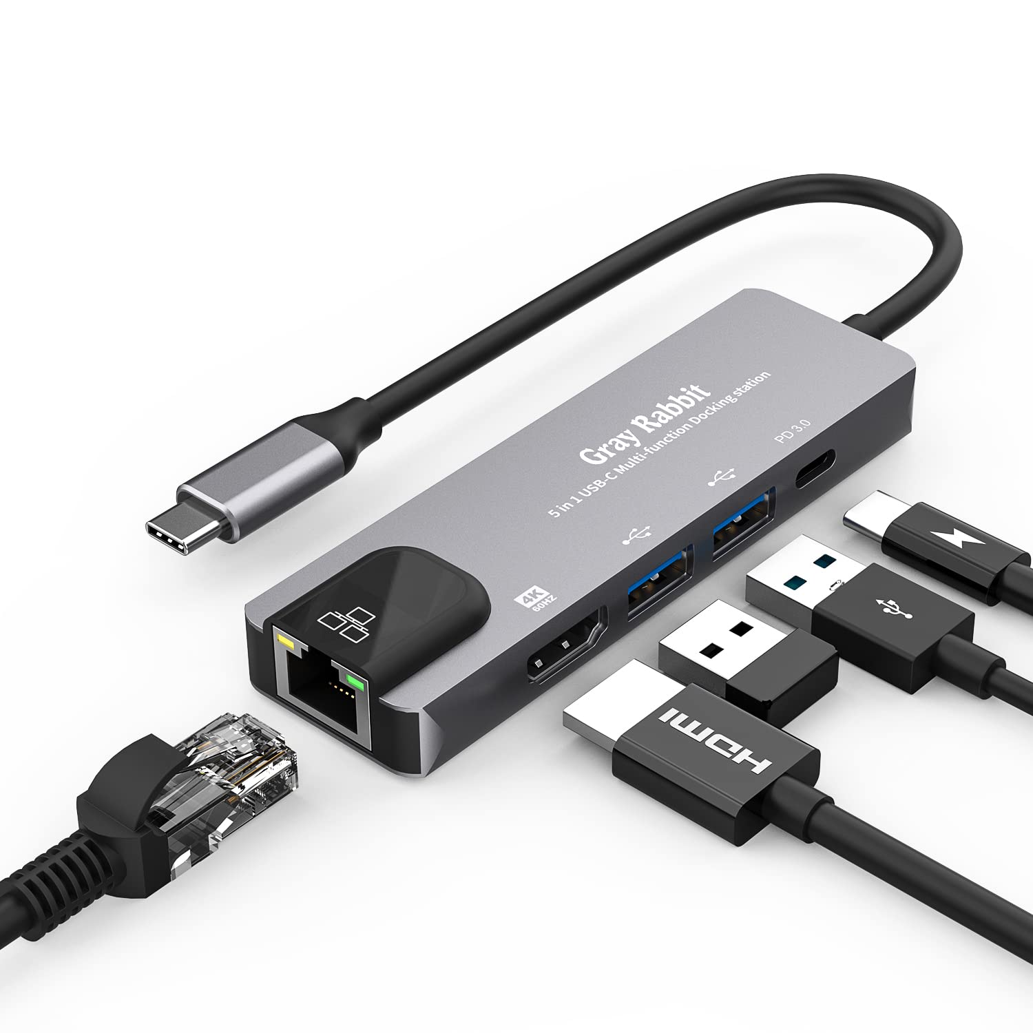 5-in-1 Dock Station,USB Type c HUB with 4k@60HZ, 2*USB2.0 Ports, PD3.0 and RJ 45 10/100M Compatible with MacBook Air Pro,iPad pro, Surface Laptop/Pro and More