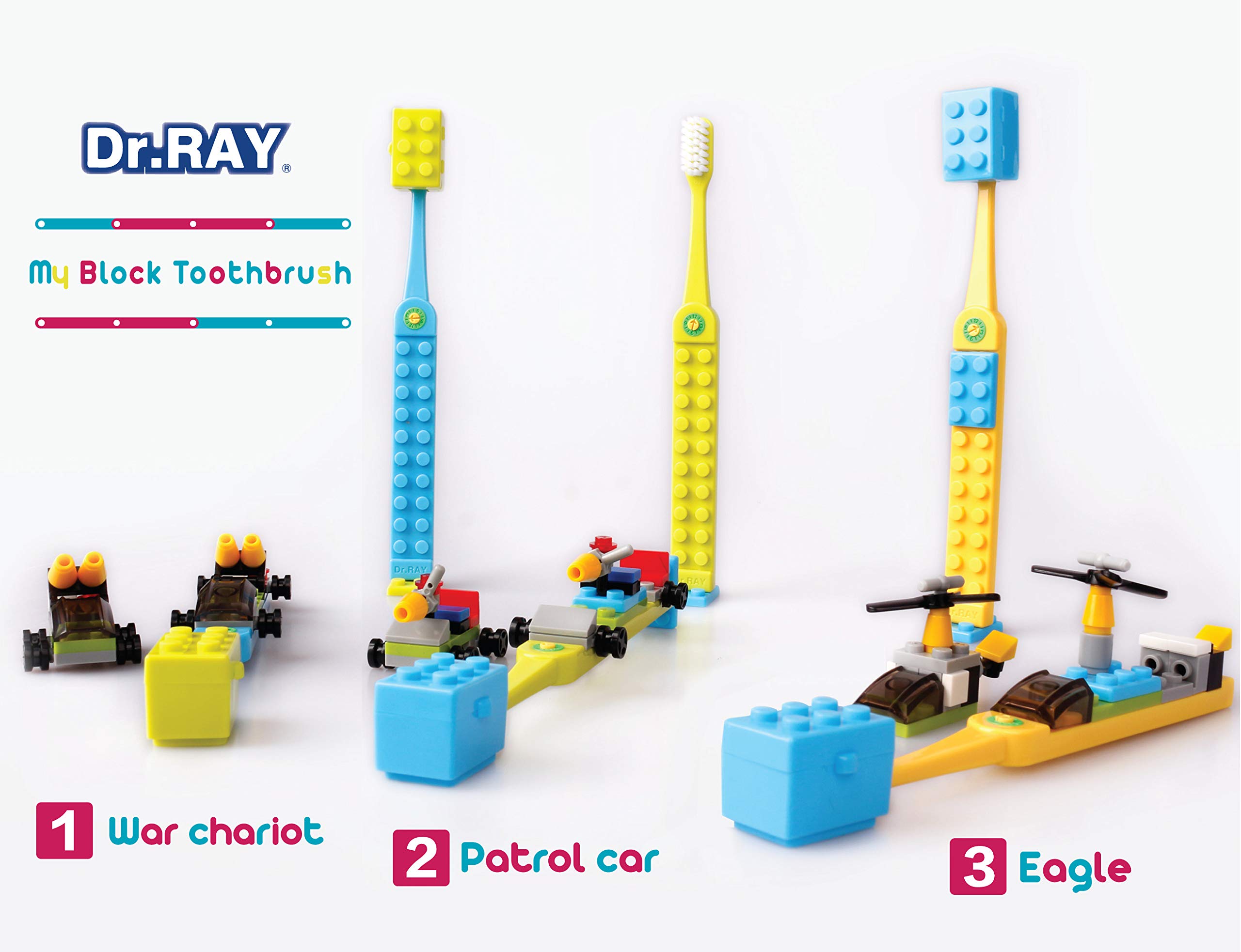 Dr.RAY Kids Toothbrush with Building Blocks and Toothbrush Covers, Extra Soft, Ages 6+ (Pack of 3, Multi-Colored)