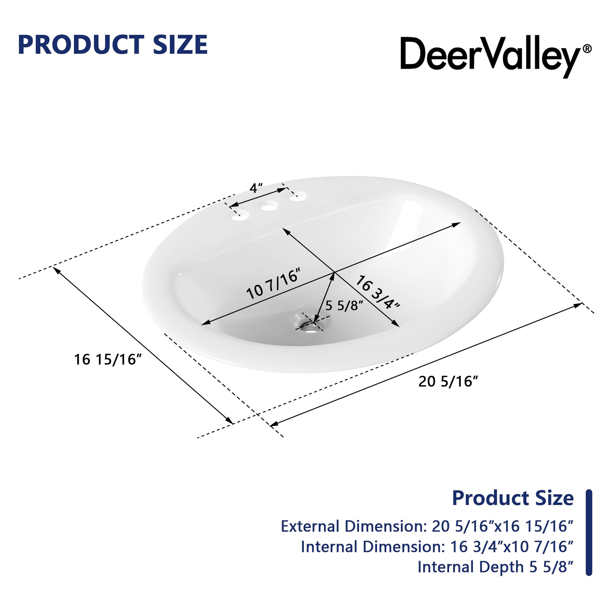 Bathroom Vessel Sink, DeerValley, 20”x17” Oval Ceramic Drop-in Sink for Bathroom White Vessel Sink Modern Art Basin Bathroom Sink with Overflow and Three Faucet Holes at 1.25”, DV-1DS0120