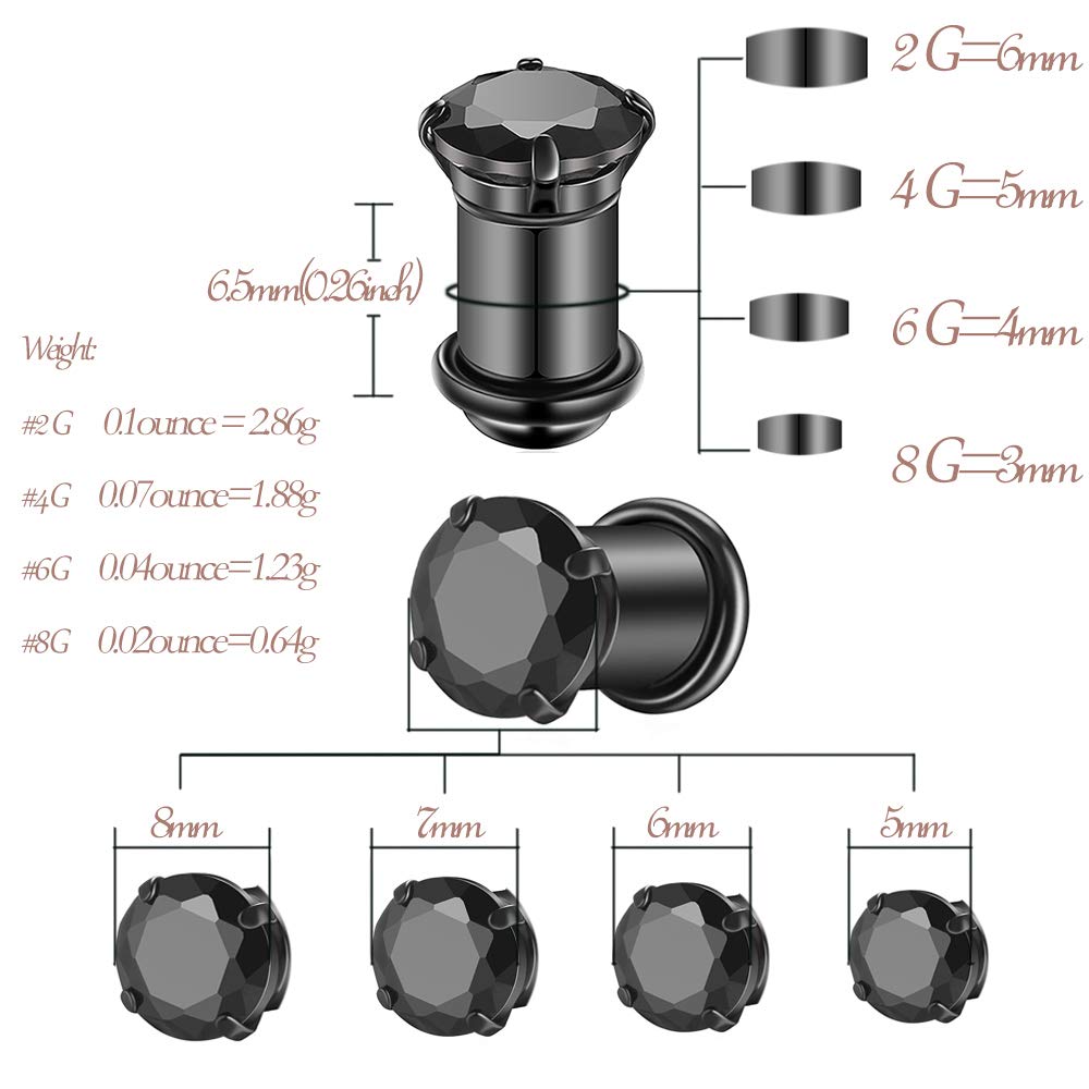 3Pairs Lightweight Ear Gauges Plugs Tunnels 2G/6mm 316L Stainless Steel Prong Setting Clear/Black CZ Ear Stretcher Expander Plugs with Rubber O-Rings (A01:3Pairs(2G=6mm))