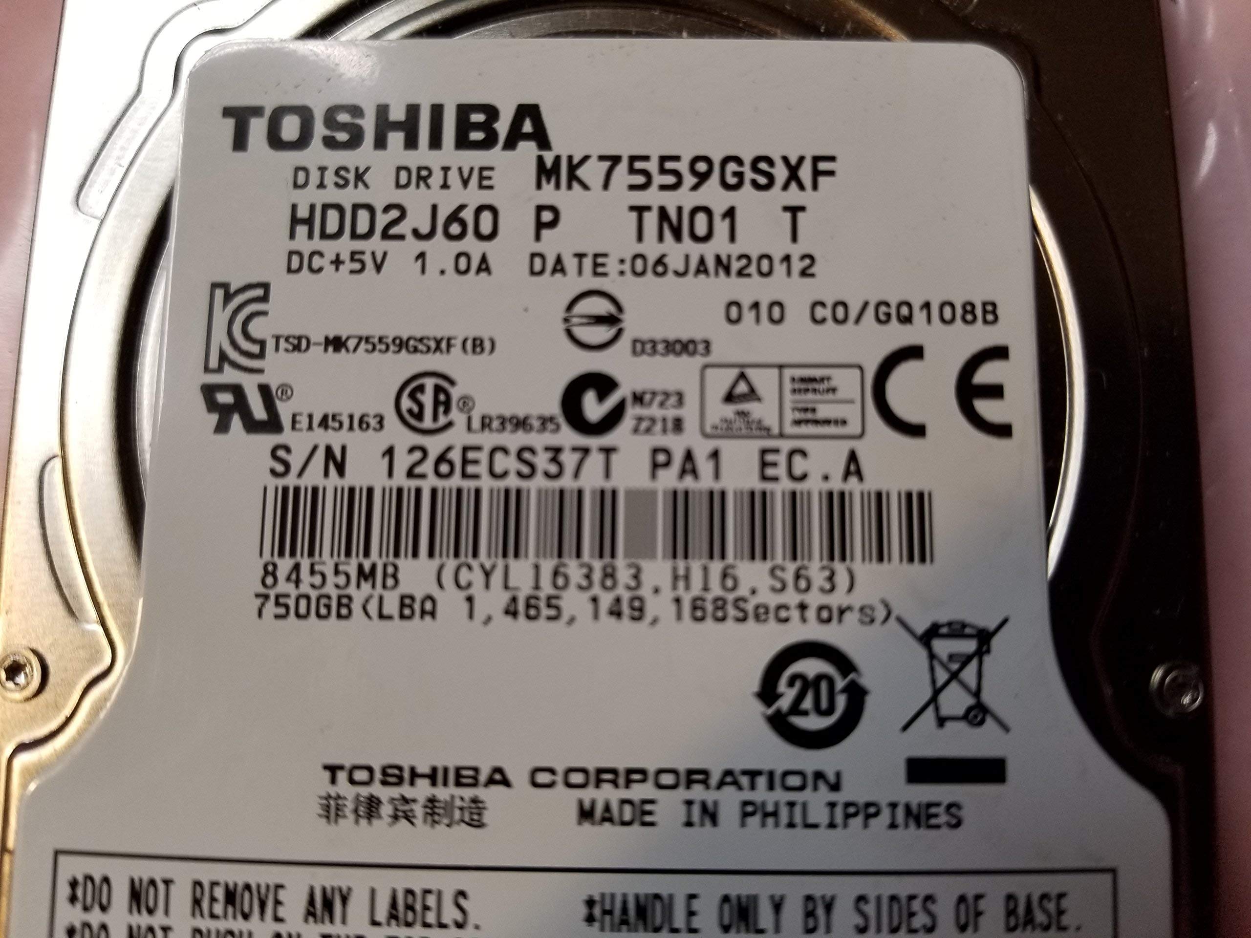 MK7559GSXF, C0/GQ108B, HDD2J60 P TN01 T, Toshiba 750GB SATA 2.5 Hard Drive (Certified Refurbished)