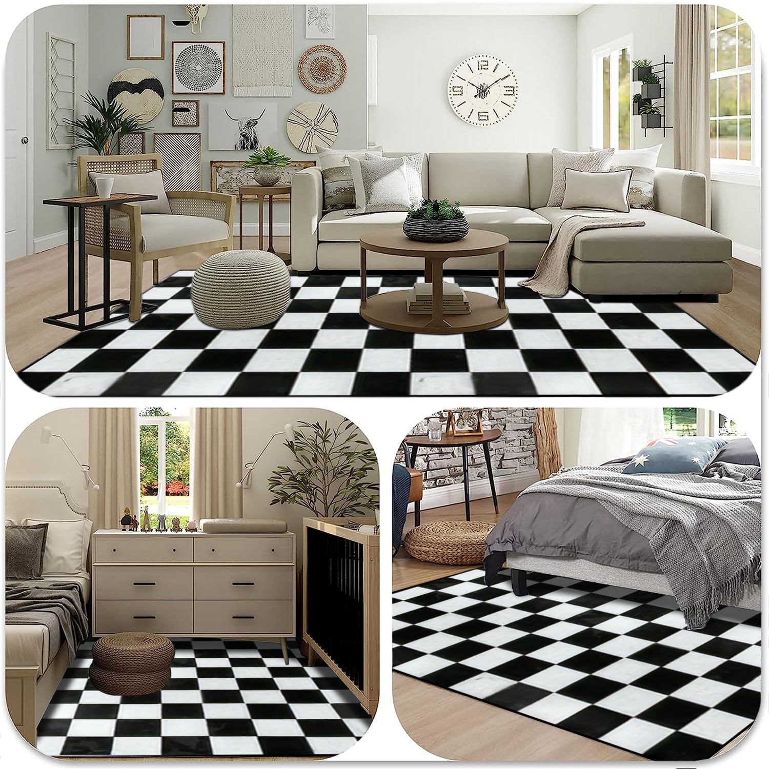 Area Rug White Black Checkered Ceramic Tiles Pattern Seamless Washable 4x6 feet Rugs for Bedroom Kitchen Living Room Non Slip Outdoor Carpets Soft Mats for Home Playroom Decor