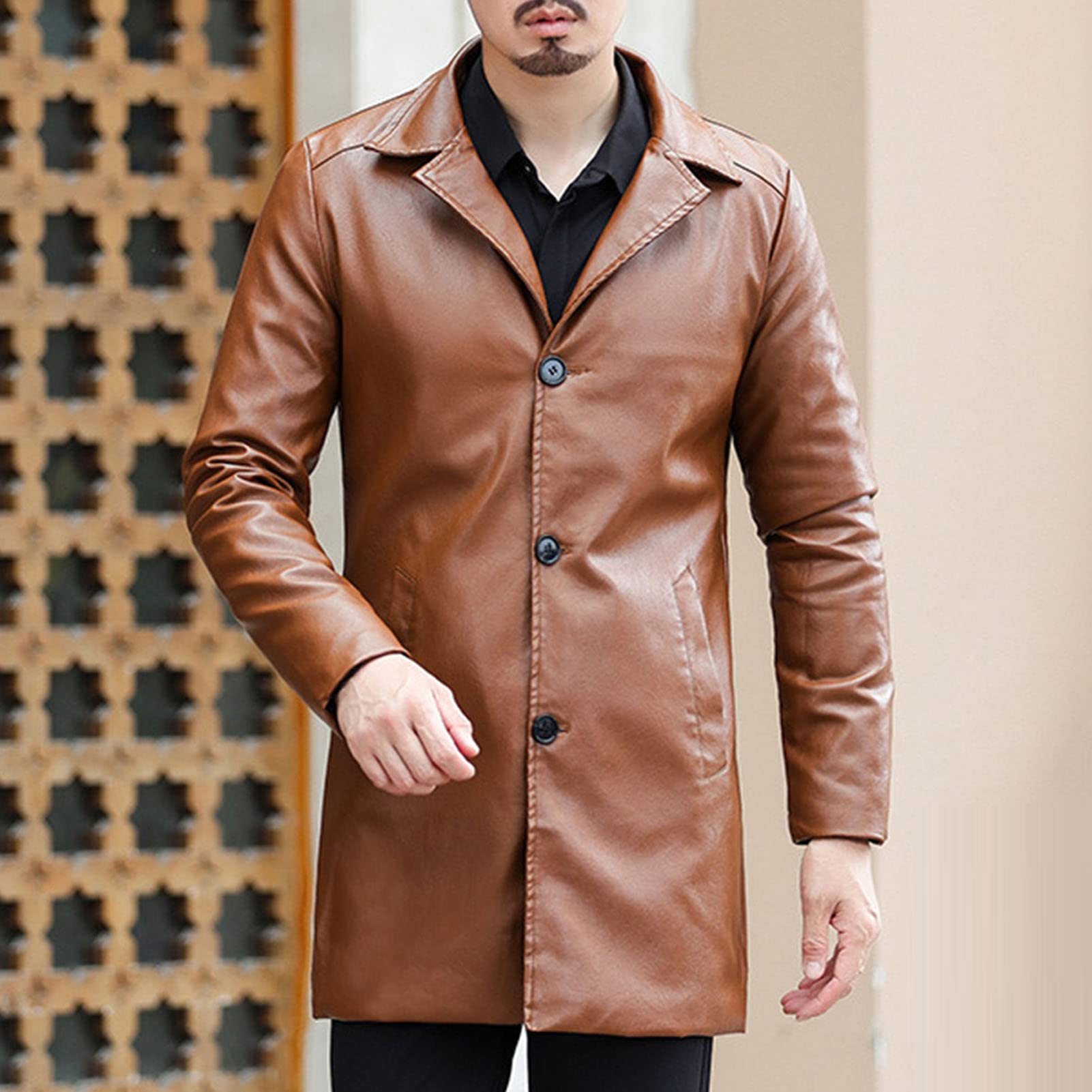 Maiyifu-GJ Men's Vintage Faux Leather Long Coat Retro Notch Lapel PU Trench Coat Casual Fleece Gothic Jacket Overcoat (Khaki,7X-Large)