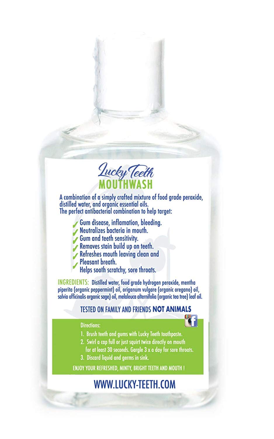 Lucky Teeth Organic Food Grade Peroxide MouthWash - Plus WHITENING - Whitens, Refreshes. Food Grade Peroxide + Essential Oils.