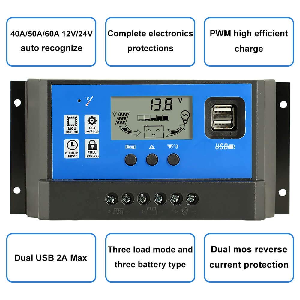 60A Solar Charge Controller Solar Panel Charger Controller 12V/24V, Adjustable LCD Display with 5V Dual USB Timer Setting with 2 PCS Solar Connectors Y Branch Parallel Adapter Cable for Solar Panel