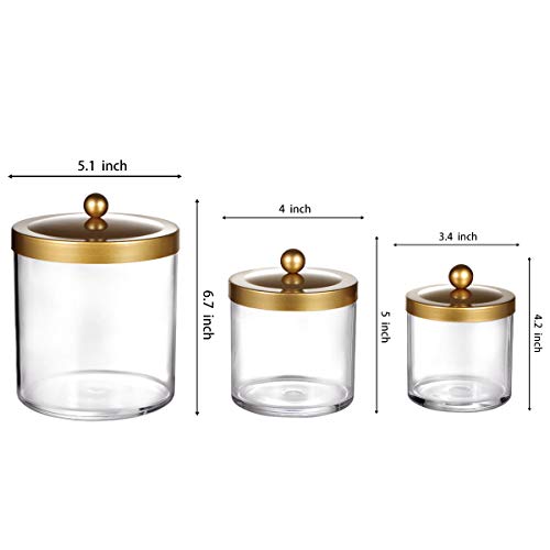 Premium Quality Apothecary Jars - Clear Plastic Storage Jars with Rust Proof Stainless Steel Lids - Bathroom Vanity Countertop Storage Organizer Canister Holder House Decor | Set of 3 (Gold)