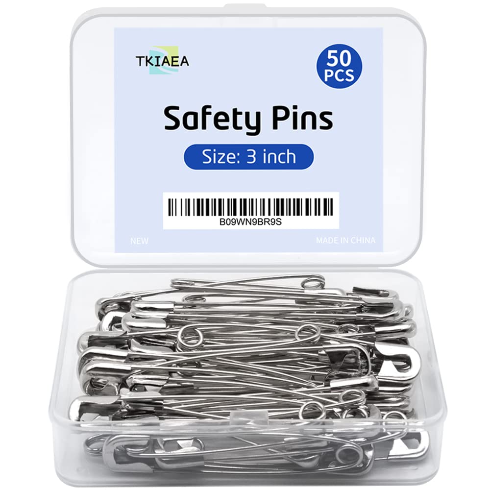 Tkiaea 3 Inches Large Safety Pins Heavy Duty, Pack of 50, Big Safety Pins, Safety Pins Bulk, Stainless Steel Safety Pinsļ¼Large Sizeļ¼