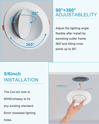 6Pack ๐ ๐ฒ๐๐ฎ๐น LED Downlight and Gimbal Recessed Lighting 6 inch, Adjustable Angled LED Recessed Lighted 3000K/4000K/5000K 12W=120W 1200LM Super Bright Directional Downlight