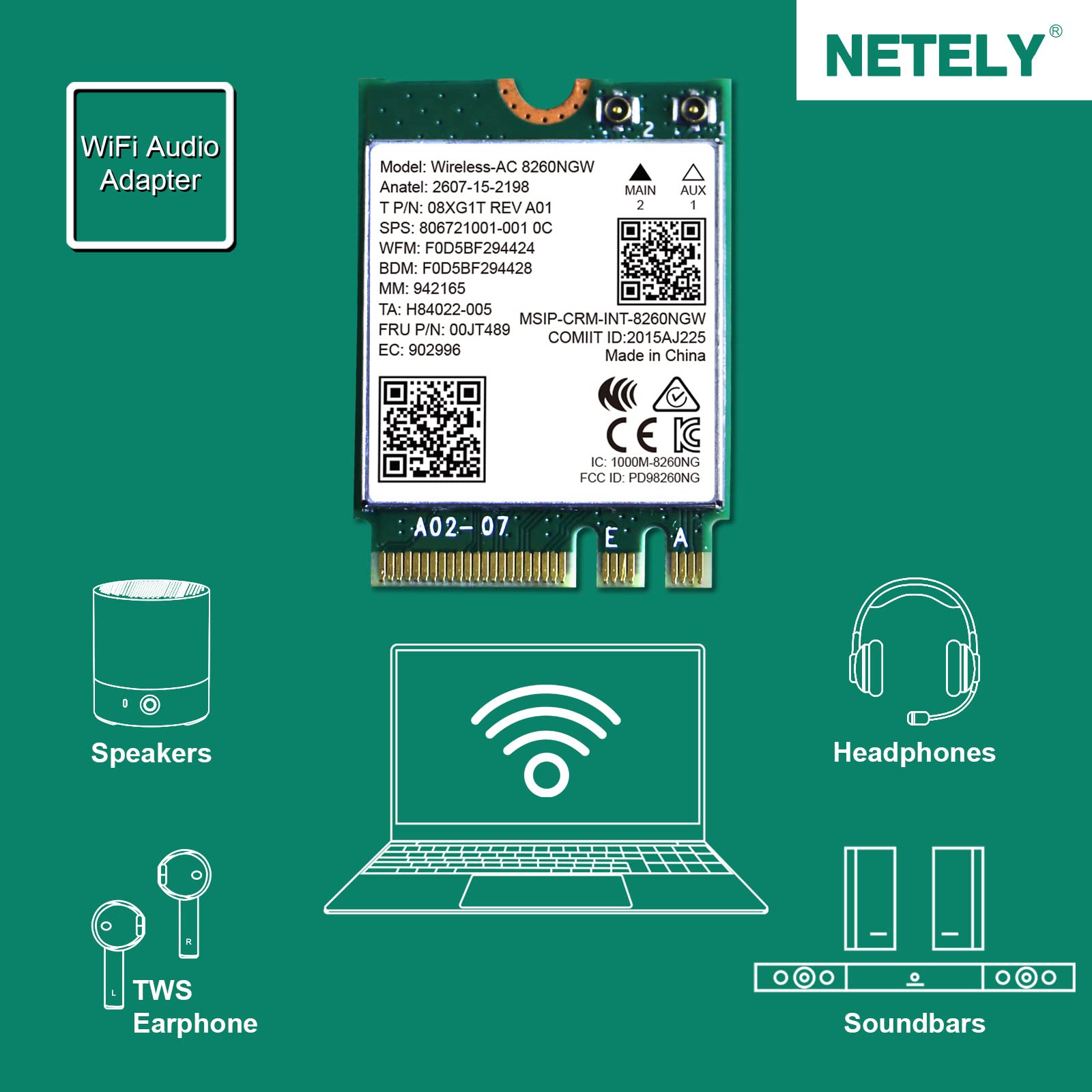 NETELY Wireless-AC 8260NGW NGFF M2 Interface 1200Mbps WiFi Adapter with Bluetooth 4.2, Intel Wireless-AC 8260NGW, Wireless-AC 2.4GHz 300Mbps & 5GHz 867Mbps WiFi Network Card (Wireless-AC 8260NGW)