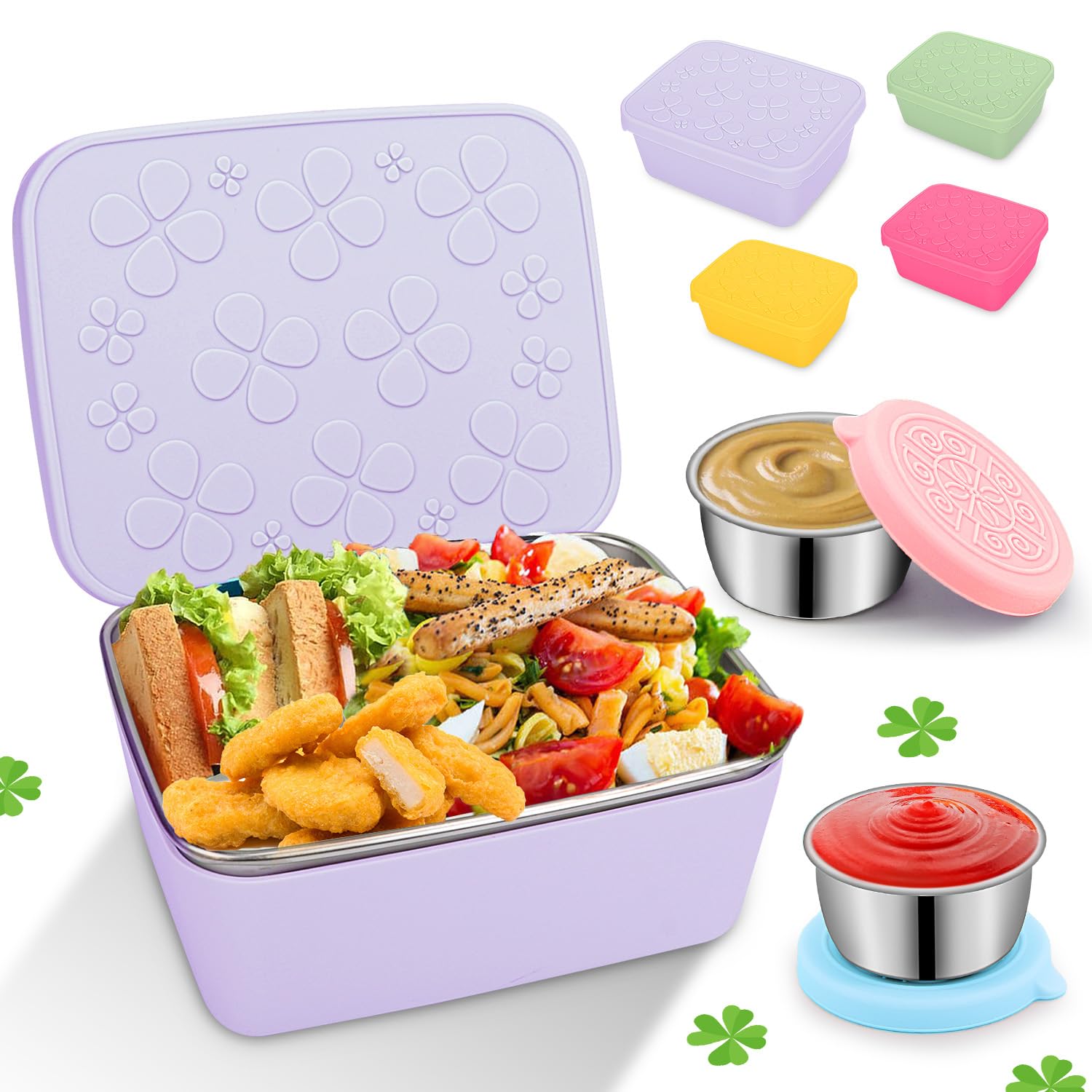 3PACK Stainless Steel Snack Containers Set,18.5OZ Metal Food Storage Container Leak Proof Snack Lunch Box with Silicone Lids [Full Protective Cover],Small Bento Boxes with 2x1.6OZ Sauce Cup-Green