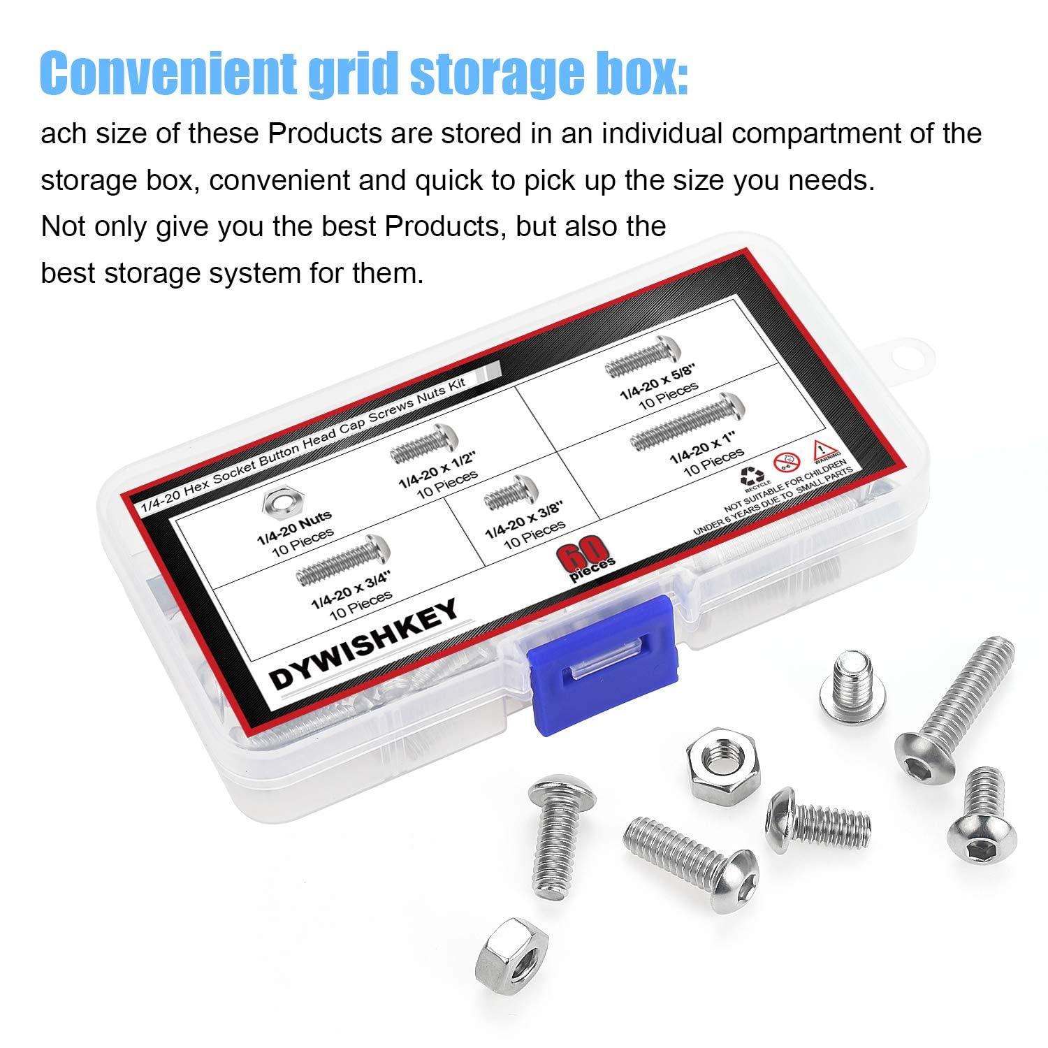 DYWISHKEY 60 Pieces 1/4-20 x 3/8" 1/2" 5/8" 3/4" 1" Stainless Steel 304 UNC Threads Hex Button Head Cap Screws Bolts and Nuts Assortment Kit with Hex Wrench