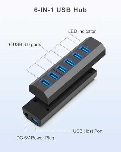 USB Hub, Aiibe 6 Ports Super High Speed USB 3.0 Hub Splitter + 10W Power Adapter + USB 3.0 Cable, Black Smart Fast Charger Powered USB Hub for Laptop, Mac, PC, Mobile HDD, Mulitple Devices