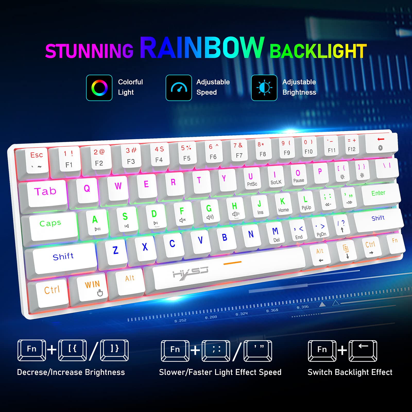 60% Mechanical Gaming Keyboard and Mouse with Full Anti-ghosting Ergonomic 61 Key Rainbow Backlight Blue Switch Type-C Wired Lightweight Honeycomb Mice 6400 DPI for Computer Laptop Gamer Typist(White)