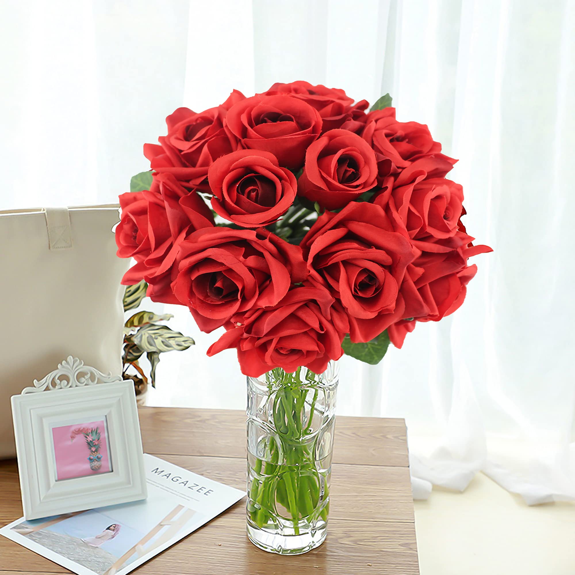 Artificial Silk Rose Flower,12 Pcs Real Looking Fake Roses with Stems, for Wedding Bouquets DIY Home Party Decoration Garden Background Decor (Red)