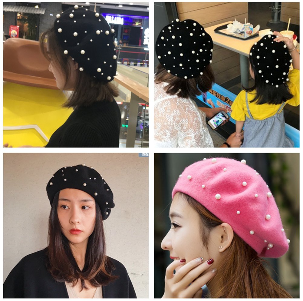 2021 Vintage Pearl Wool Beret Hat Lady Fashion Artist Hat (White)