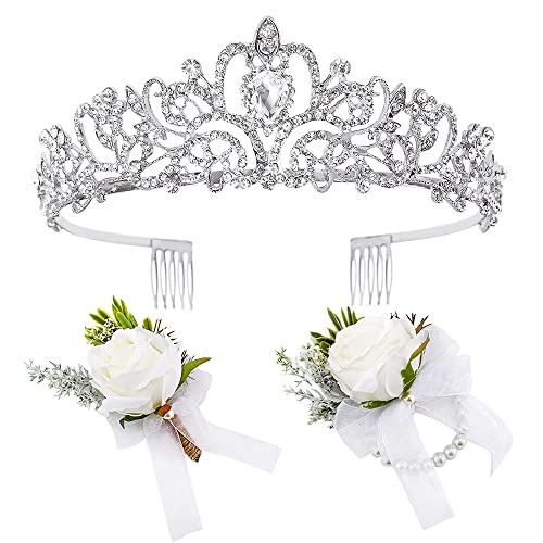 AOPRIE Corsage and Boutonniere Set Tear Drop Gemstone Tiara and Crown for Women Bride Flower Wristlet Band Bracelet of Wedding Accessories Man Suit Decorations Favor Gift