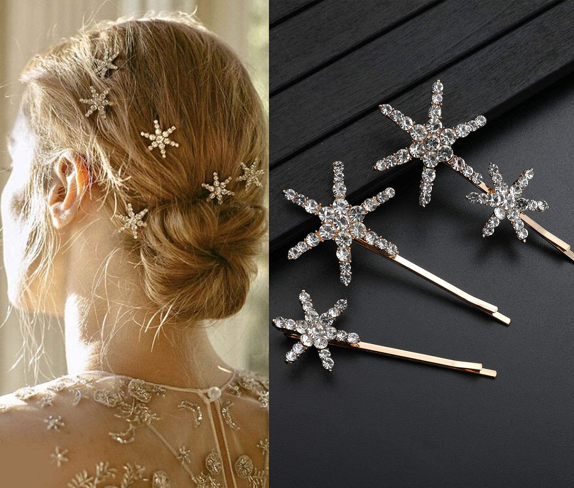 Wedding Hair Bobby Pins for Women Girls, Gold Snowflake Crystal Hair Clips, Elegant Hair Styling Accessories for Mothers Day Gift, 3PCS