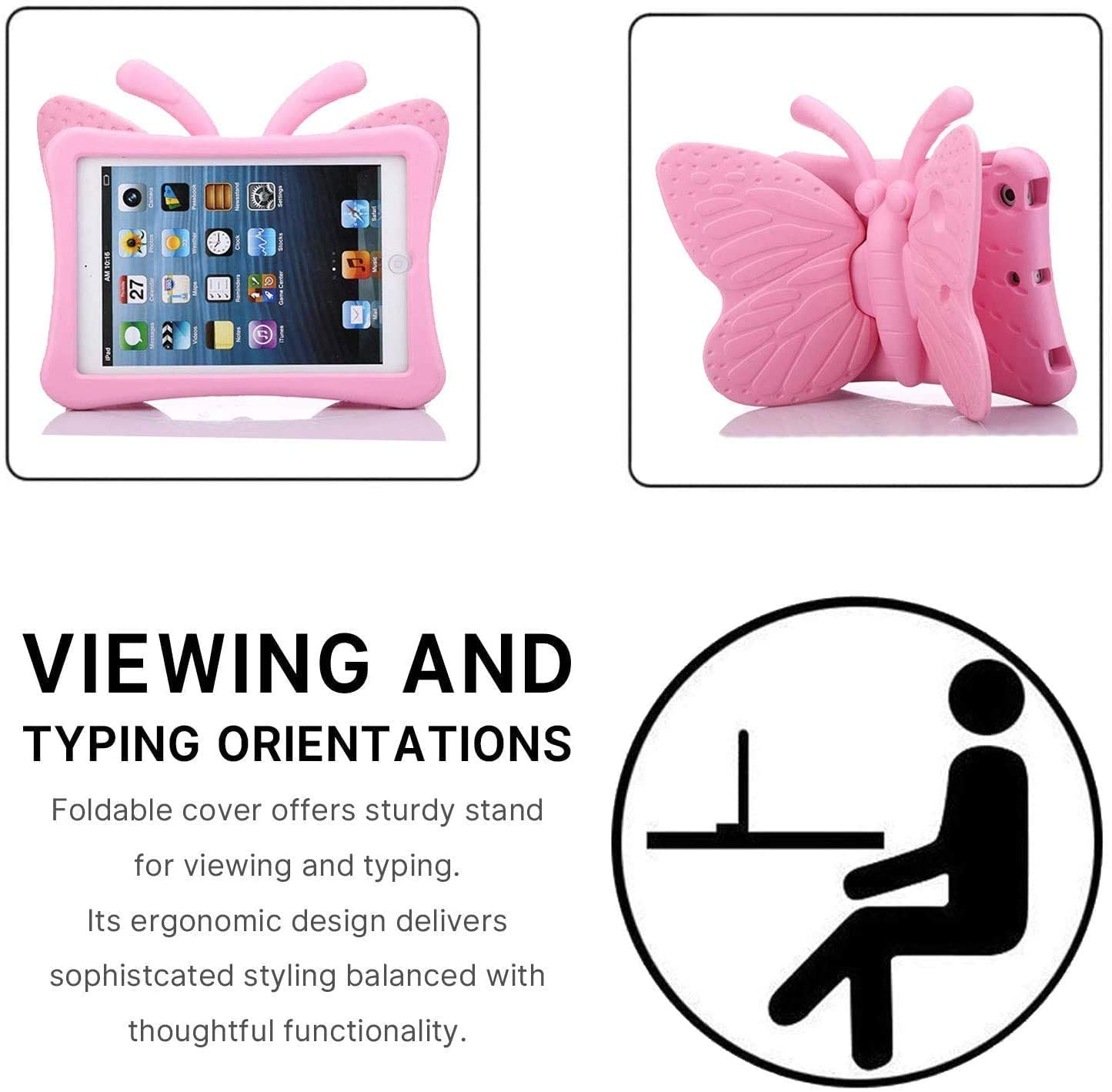 Feitenn iPad 8th Generation Case for Kids 10.2 inch 2020/2019, Shockproof Kickstand Butterfly Cover Non-Toxic EVA Foam Wings Kid-Proof Rugged Bumper Boy Girl Gift for iPad 7th 8th Gen 10.2'' - Pink