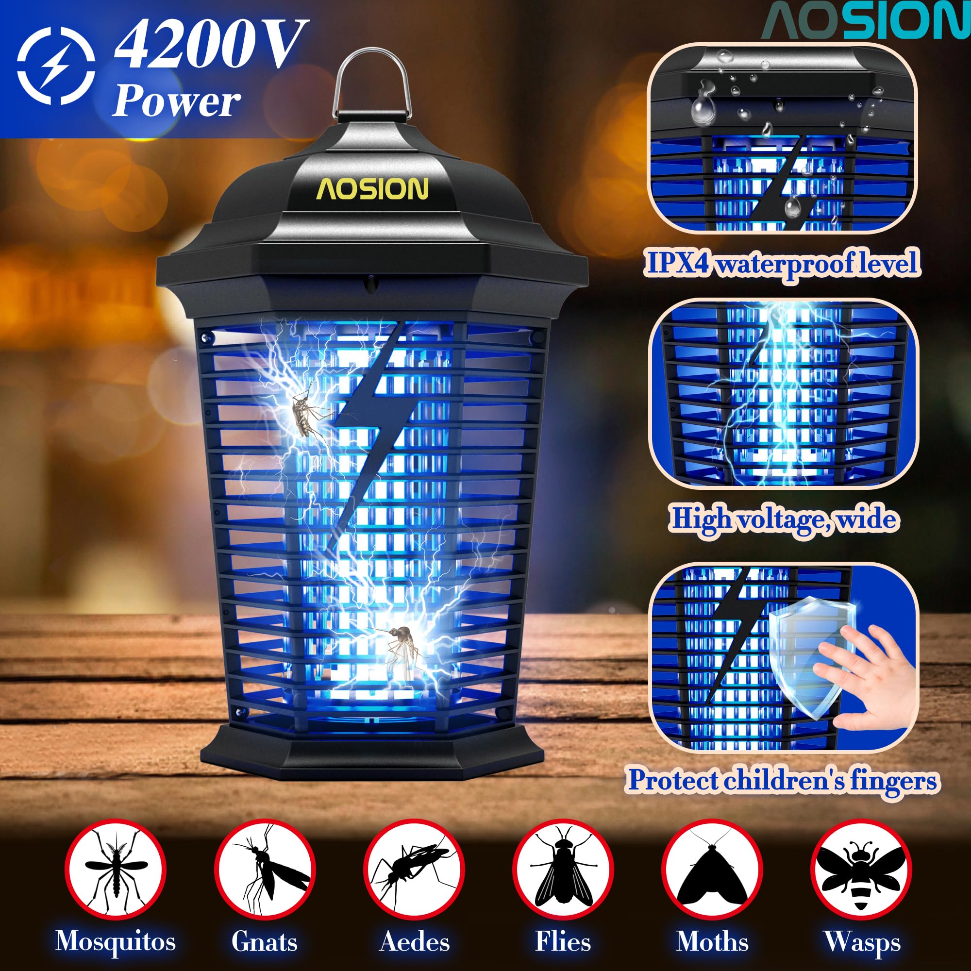 AOSION-Bug Zapper Outdoor,4200V Electronic Mosquito Zapper,Fly Zapper with Mosquito Control Paper,18W UVA Mosquito Lamp,High Powered Waterproof Insect Killer for Indoor, Kitchen, Patio, Backyard.