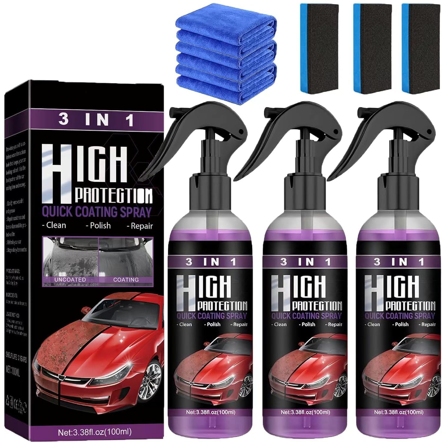 3PCS High Protection 3 in 1 Spray, Newbeeoo Car Coating Spray, 3-in-1 High Protection Car Spray, 3 in 1 High Protection Quick Car Ceramic Coating Spray