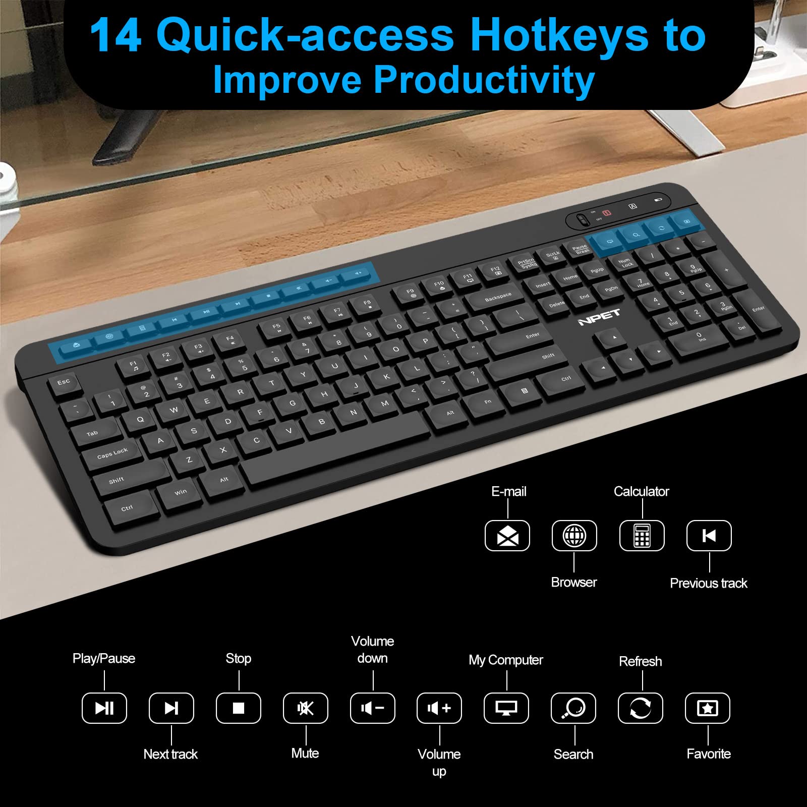 NPET WK20 Wireless Keyboard for Windows, 2.4 GHz Wireless, Full-Size, Number Pad, 14 Multimedia Keys, 2-Year Battery Life, Compatible with PC, Laptop