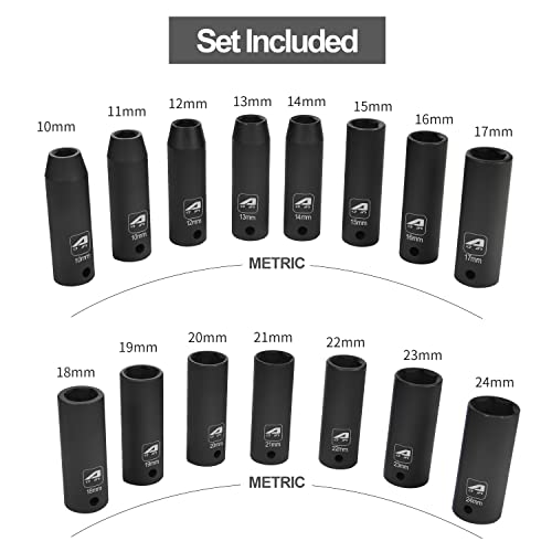 AAIN 15-Piece 1/2 Inch Drive Metric Deep Impact Socket Set,6-Point,10mm to 24mm 1/2 Socket Set, A029