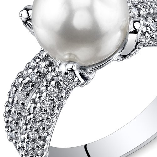4 Prong Freshwater Cultured White Pearl Ring (8.5-9mm) Sterling Silver CZ Accent Size 7