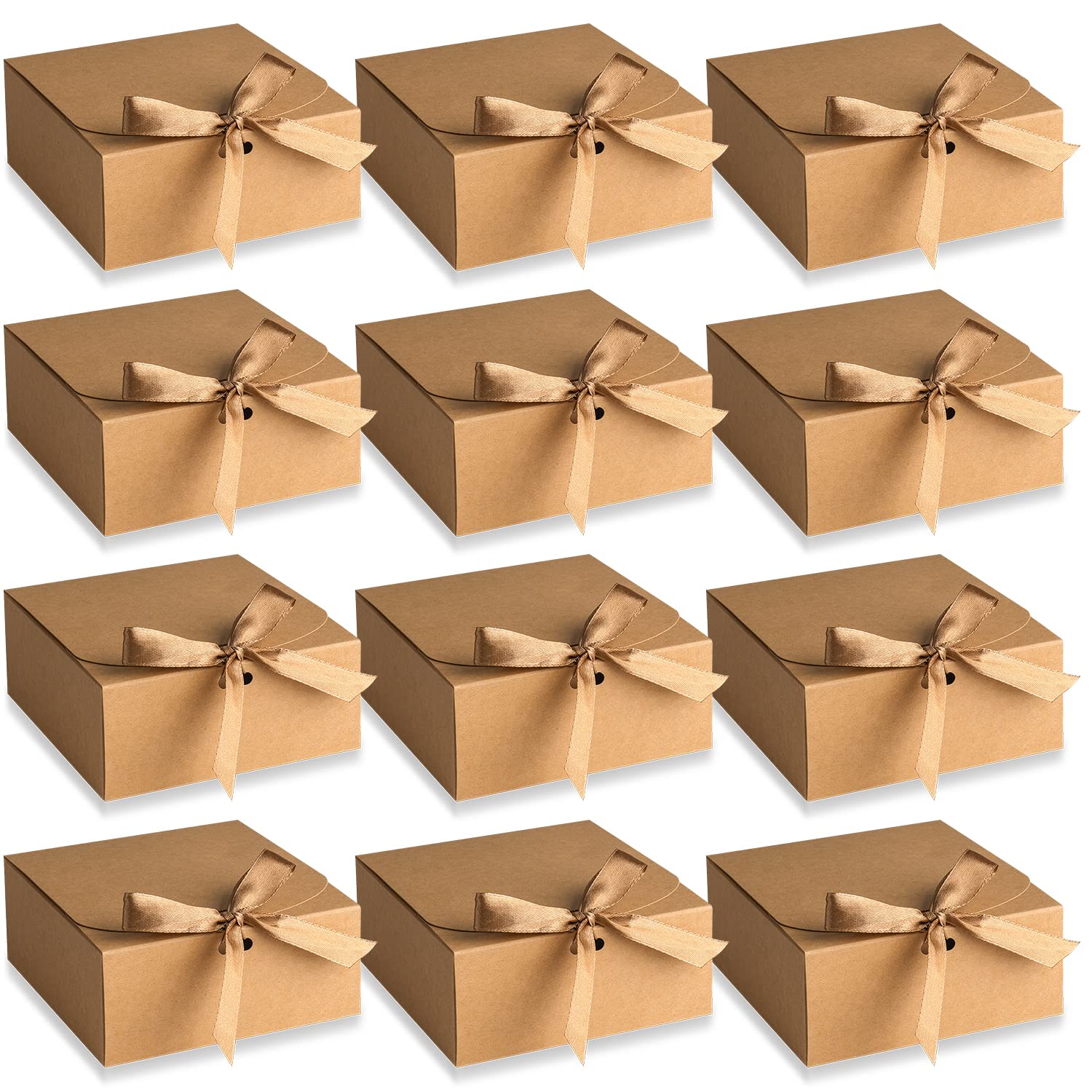 AIEX 12 Pcs Gift Boxes with Lids, 4.5" x4.5"x2" Present Boxes Square Gift Box with Champagne Wrap Ribbons, Gift Wrap Boxes for Birthday Wedding Party Christmas Chocolate Candy (Brown)
