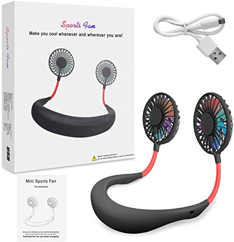 Portable Neck Fan - USB Rechargeable Fan with 3 Speeds Adjustable, Neck Fans Portable Rechargable Prime with LED Lights - Black