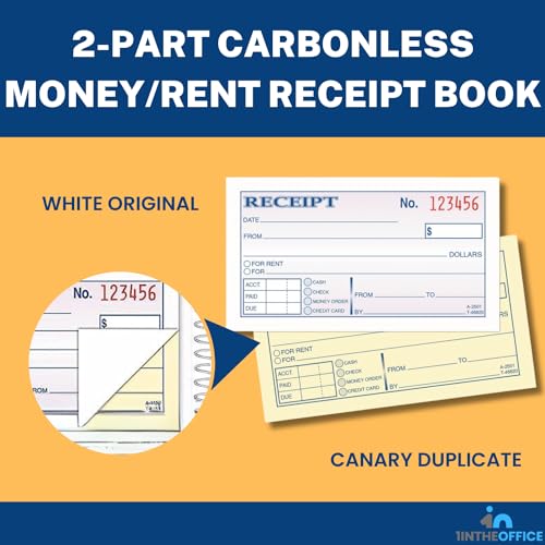 1InTheOffice Money and Rent Receipt, Carbonless Rent Receipt Book, Receipt Book, 2-Part, 4.75" x 2.75", 200 Sets/Book