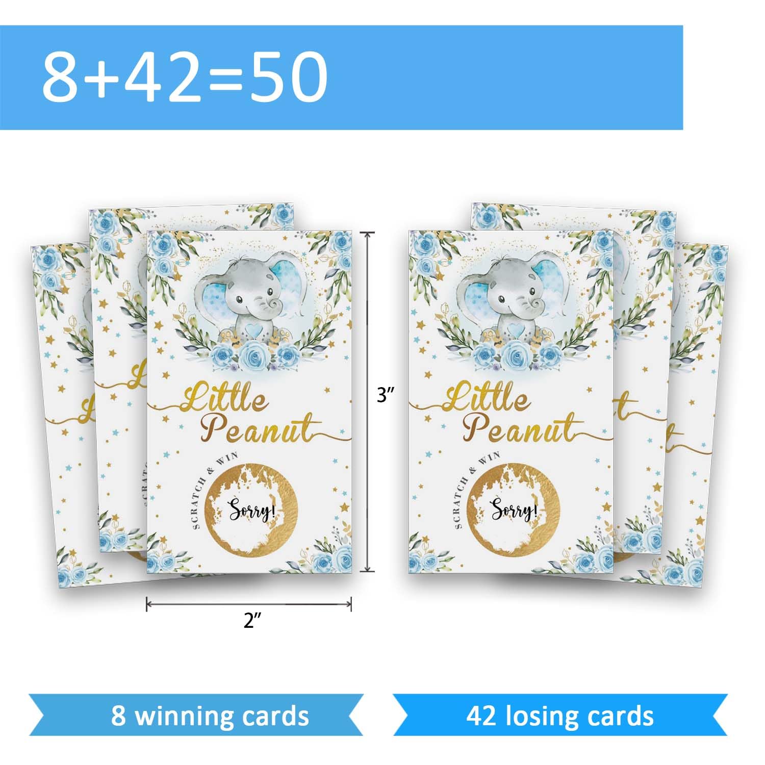 50 Baby Shower Scratch Off Game, Blue Elephant Rose Lucky Draw Card,Party Activities, Decorations, and Supplies- It's a Boy