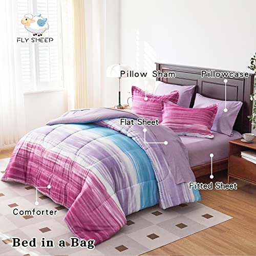 Flysheep 7 Pieces Bed in a Bag King Size, Gradient Purple Red Teal Ombre Boho Striped Comforter Sheet Set, Vibrant Clolorful Patchwork Rainbow Bohemian Bedding Set for All Season